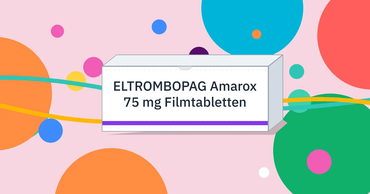 Symbolbild: Packung mit der Aufschrift ELTROMBOPAG Amarox 75 mg Filmtabletten (PZN 19708606) – Verfügbarkeit und Bezug in Apotheken in Frankfurt am Main
