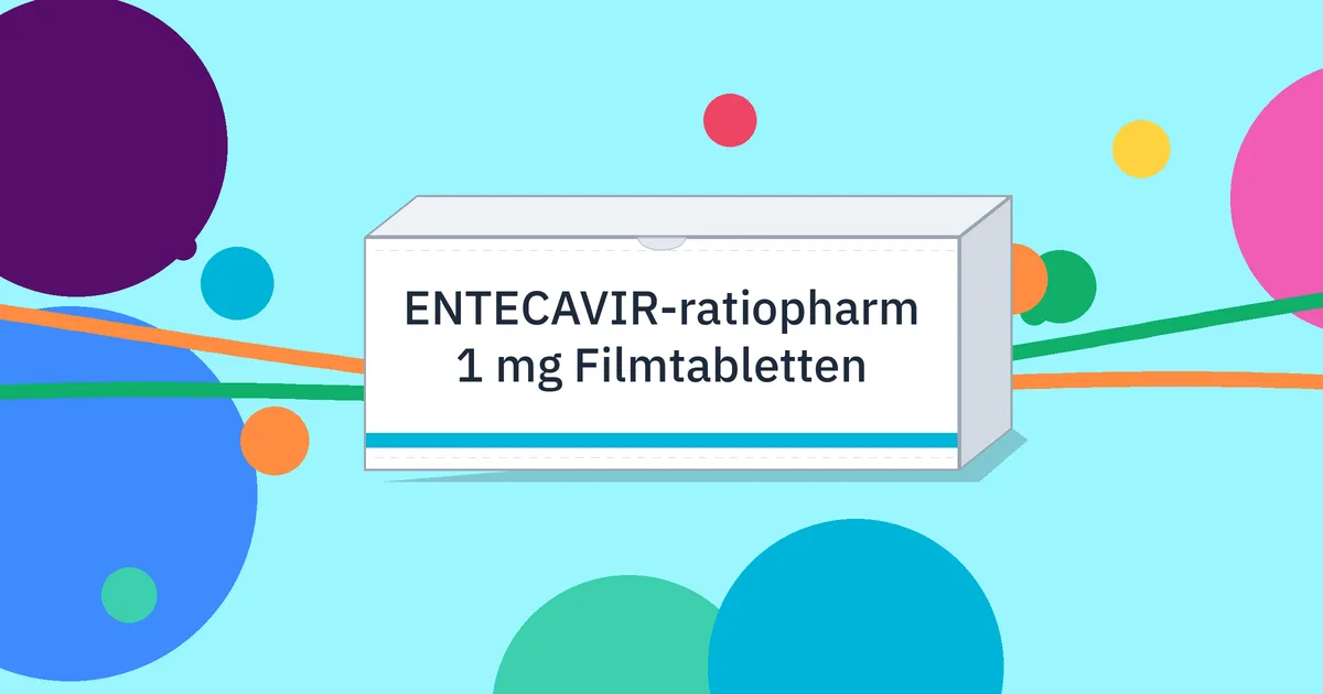 Symbolbild: Packung mit der Aufschrift ENTECAVIR-ratiopharm 1 mg Filmtabletten (PZN 12376503) – Verfügbarkeit und Bezug in Apotheken in Frankfurt am Main