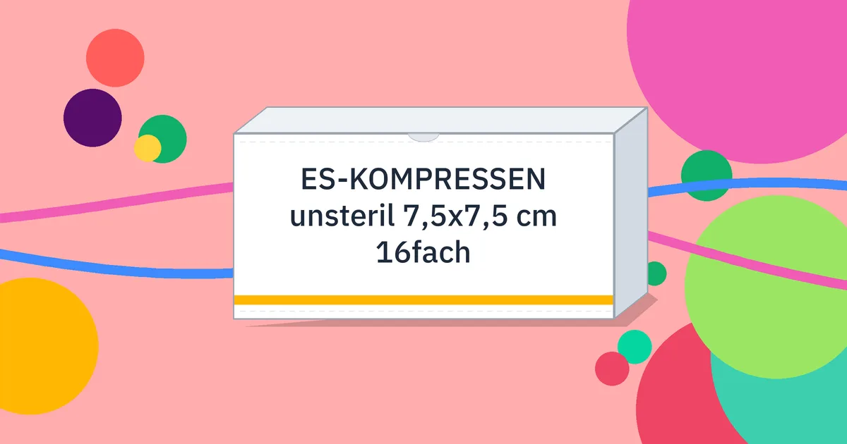 Symbolbild: Packung mit der Aufschrift ES-KOMPRESSEN unsteril 7,5x7,5 cm 16fach (PZN 01447217) – Verfügbarkeit und Bezug in Apotheken in Frankfurt am Main