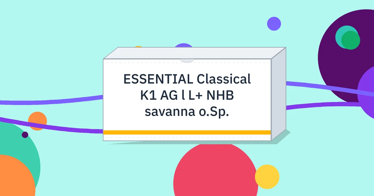 Symbolbild: Packung mit der Aufschrift ESSENTIAL Classical K1 AG l L+ NHB savanna o.Sp. (PZN 19308060) – Verfügbarkeit und Bezug in Apotheken in Frankfurt am Main