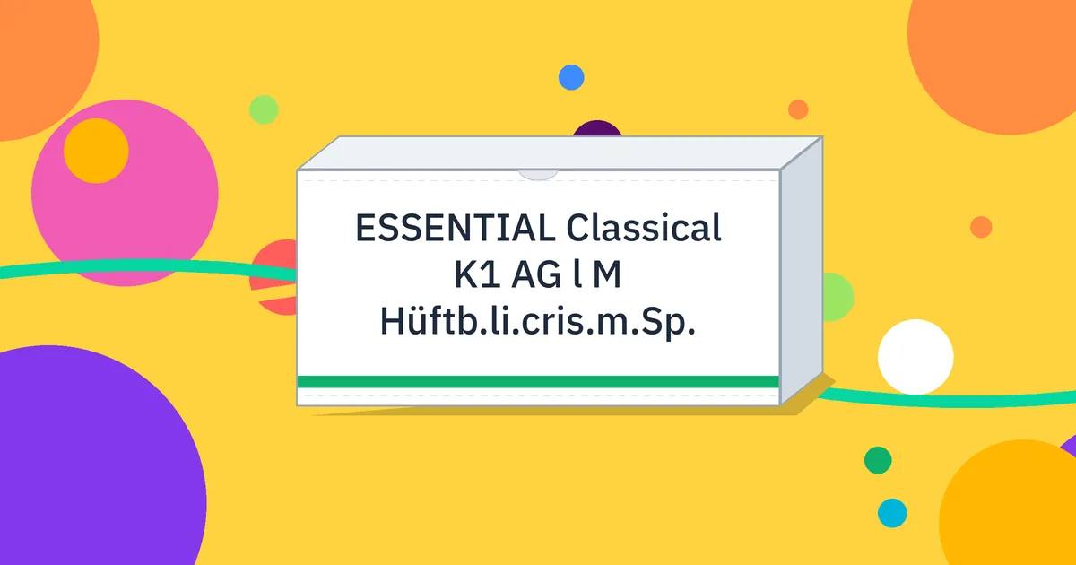 Symbolbild: Packung mit der Aufschrift ESSENTIAL Classical K1 AG l M Hüftb.li.cris.m.Sp. (PZN 17012131) – Verfügbarkeit und Bezug in Apotheken in Frankfurt am Main
