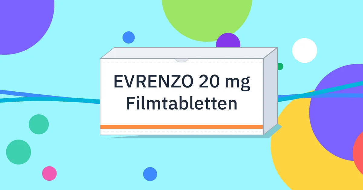 Symbolbild: Packung mit der Aufschrift EVRENZO 20 mg Filmtabletten (PZN 19911448) – Verfügbarkeit und Bezug in Apotheken in Frankfurt am Main