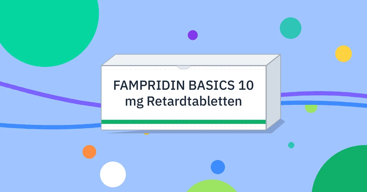 Symbolbild: Packung mit der Aufschrift FAMPRIDIN BASICS 10 mg Retardtabletten (PZN 16940403) – Verfügbarkeit und Bezug in Apotheken in Frankfurt am Main