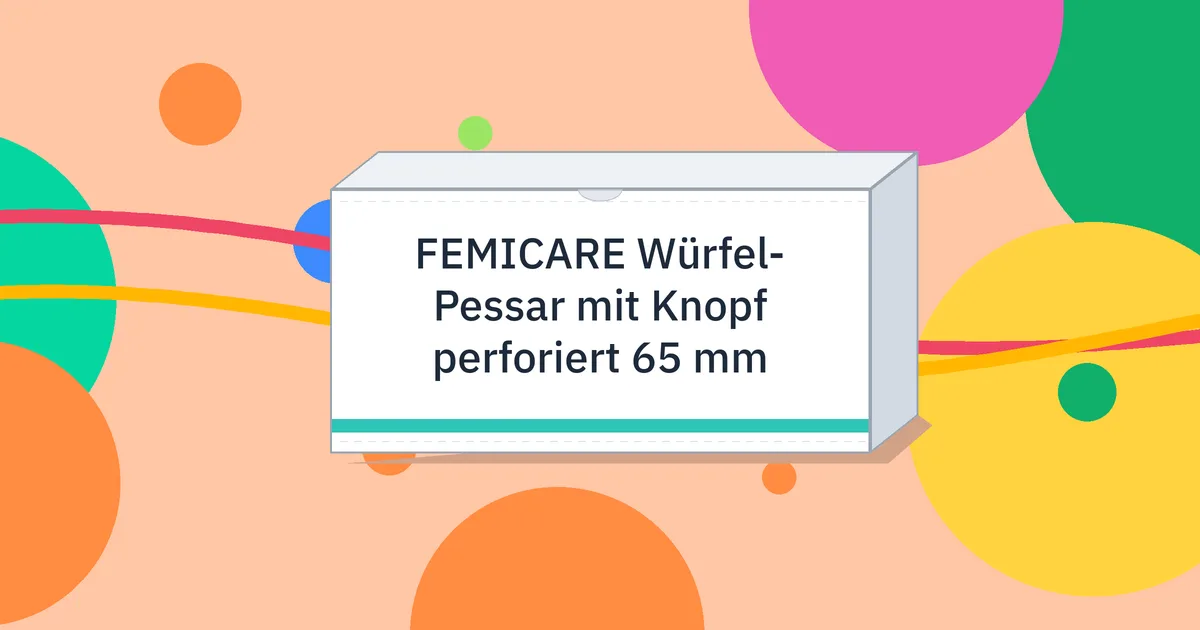 Symbolbild: Packung mit der Aufschrift FEMICARE Würfel-Pessar mit Knopf perforiert 65 mm (PZN 19335967) – Verfügbarkeit und Bezug in Apotheken in Frankfurt am Main