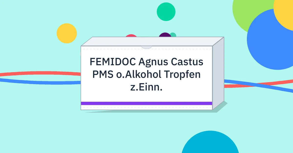 Symbolbild: Packung mit der Aufschrift FEMIDOC Agnus Castus PMS o.Alkohol Tropfen z.Einn. (PZN 19621288) – Verfügbarkeit und Bezug in Apotheken in Frankfurt am Main