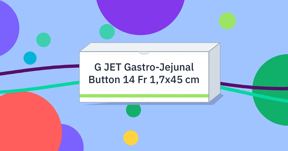Symbolbild: Packung mit der Aufschrift G JET Gastro-Jejunal Button 14 Fr 1,7x45 cm (PZN 14346506) – Verfügbarkeit und Bezug in Apotheken in Frankfurt am Main