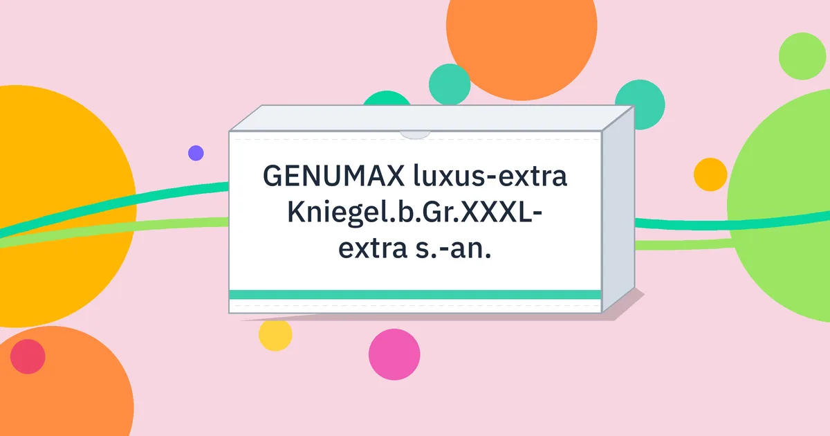 Symbolbild: Packung mit der Aufschrift GENUMAX luxus-extra Kniegel.b.Gr.XXXL-extra s.-an. (PZN 11329080) – Verfügbarkeit und Bezug in Apotheken in Frankfurt am Main