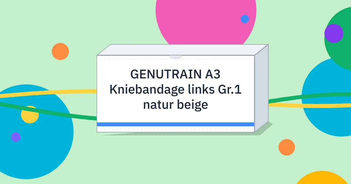 Symbolbild: Packung mit der Aufschrift GENUTRAIN A3 Kniebandage links Gr.1 natur beige (PZN 01071700) – Verfügbarkeit und Bezug in Apotheken in Frankfurt am Main