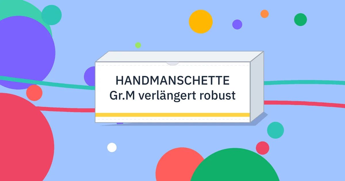 Symbolbild: Packung mit der Aufschrift HANDMANSCHETTE Gr.M verlängert robust (PZN 05025571) – Verfügbarkeit und Bezug in Apotheken in Frankfurt am Main
