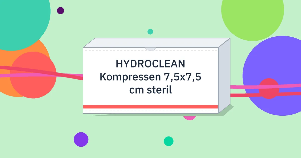 Symbolbild: Packung mit der Aufschrift HYDROCLEAN Kompressen 7,5x7,5 cm steril (PZN 16348952) – Verfügbarkeit und Bezug in Apotheken in Frankfurt am Main