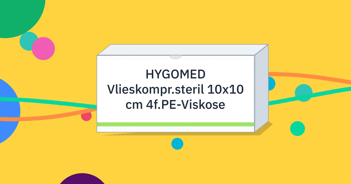 Symbolbild: Packung mit der Aufschrift HYGOMED Vlieskompr.steril 10x10 cm 4f.PE-Viskose (PZN 20934940) – Verfügbarkeit und Bezug in Apotheken in Frankfurt am Main