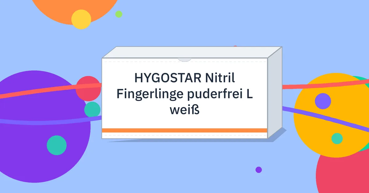 Symbolbild: Packung mit der Aufschrift HYGOSTAR Nitril Fingerlinge puderfrei L weiß (PZN 20774666) – Verfügbarkeit und Bezug in Apotheken in Frankfurt am Main