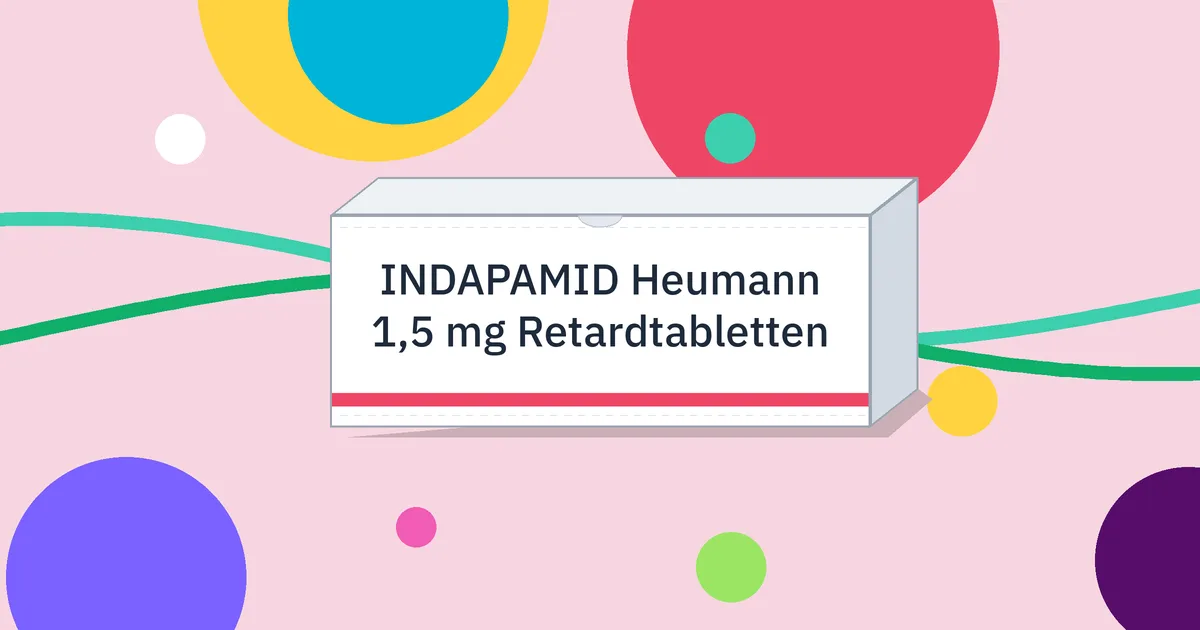 Symbolbild: Packung mit der Aufschrift INDAPAMID Heumann 1,5 mg Retardtabletten (PZN 04445667) – Verfügbarkeit und Bezug in Apotheken in Frankfurt am Main