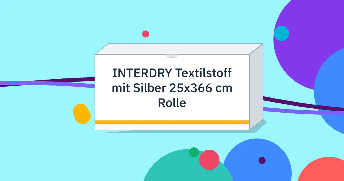Symbolbild: Packung mit der Aufschrift INTERDRY Textilstoff mit Silber 25x366 cm Rolle (PZN 15994354) – Verfügbarkeit und Bezug in Apotheken in Frankfurt am Main