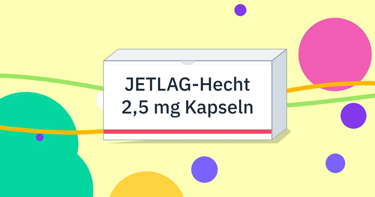 Symbolbild: Packung mit der Aufschrift JETLAG-Hecht 2,5 mg Kapseln (PZN 09919383) – Verfügbarkeit und Bezug in Apotheken in Frankfurt am Main