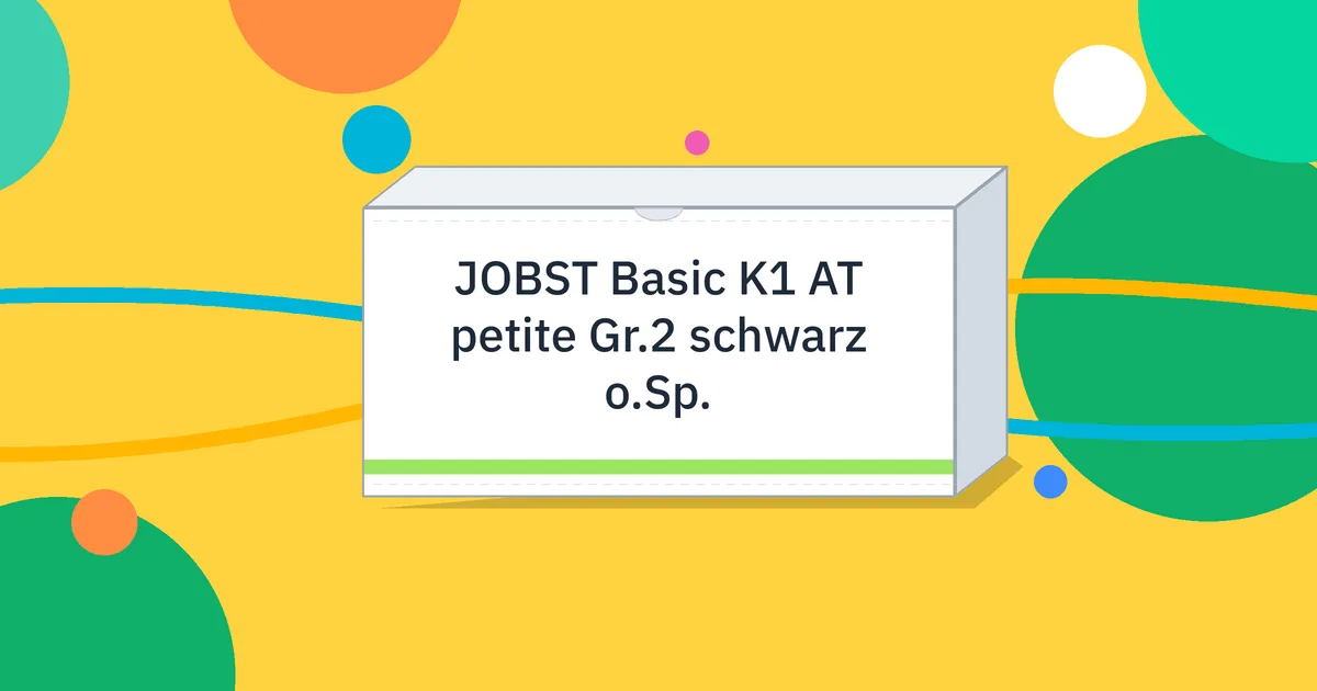 Symbolbild: Packung mit der Aufschrift JOBST Basic K1 AT petite Gr.2 schwarz o.Sp. (PZN 15310108) – Verfügbarkeit und Bezug in Apotheken in Frankfurt am Main