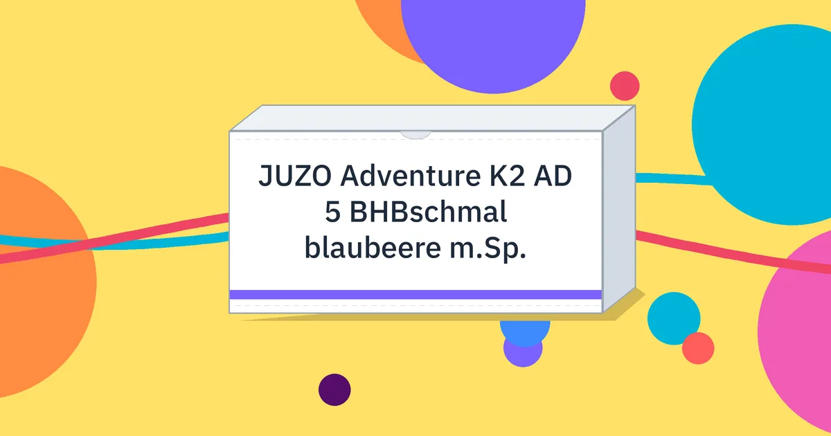 Symbolbild: Packung mit der Aufschrift JUZO Adventure K2 AD 5 BHBschmal blaubeere m.Sp. (PZN 16345712) – Verfügbarkeit und Bezug in Apotheken in Frankfurt am Main