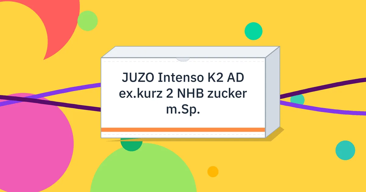 Symbolbild: Packung mit der Aufschrift JUZO Intenso K2 AD ex.kurz 2 NHB zucker m.Sp. (PZN 18611307) – Verfügbarkeit und Bezug in Apotheken in Frankfurt am Main