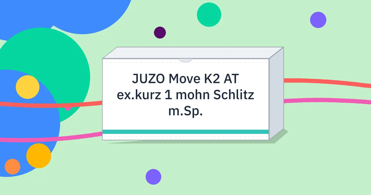 Symbolbild: Packung mit der Aufschrift JUZO Move K2 AT ex.kurz 1 mohn Schlitz m.Sp. (PZN 20671989) – Verfügbarkeit und Bezug in Apotheken in Frankfurt am Main
