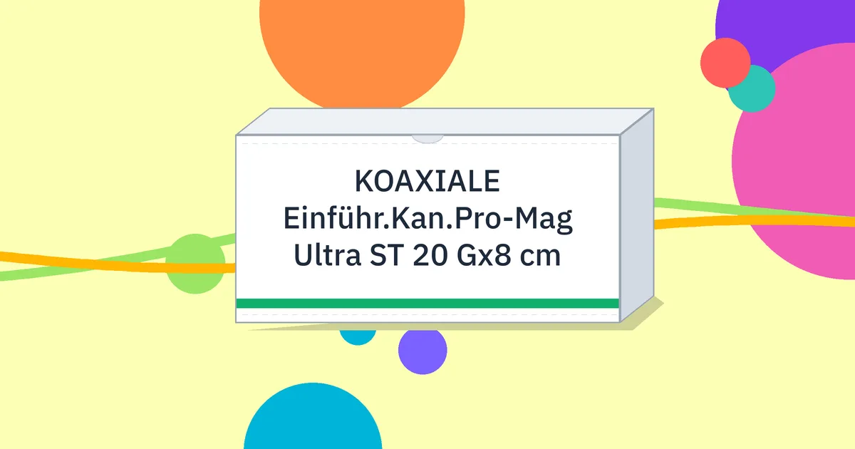 Symbolbild: Packung mit der Aufschrift KOAXIALE Einführ.Kan.Pro-Mag Ultra ST 20 Gx8 cm (PZN 05141343) – Verfügbarkeit und Bezug in Apotheken in Frankfurt am Main