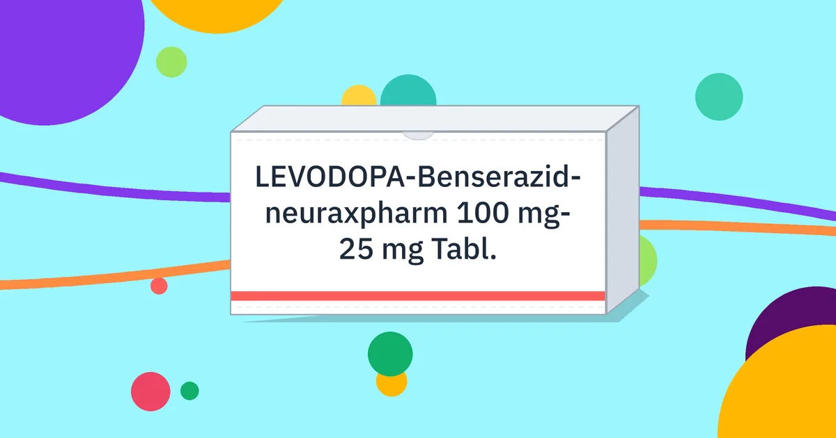 Symbolbild: Packung mit der Aufschrift LEVODOPA-Benserazid-neuraxpharm 100 mg-25 mg Tabl. (PZN 09467716) – Verfügbarkeit und Bezug in Apotheken in Frankfurt am Main