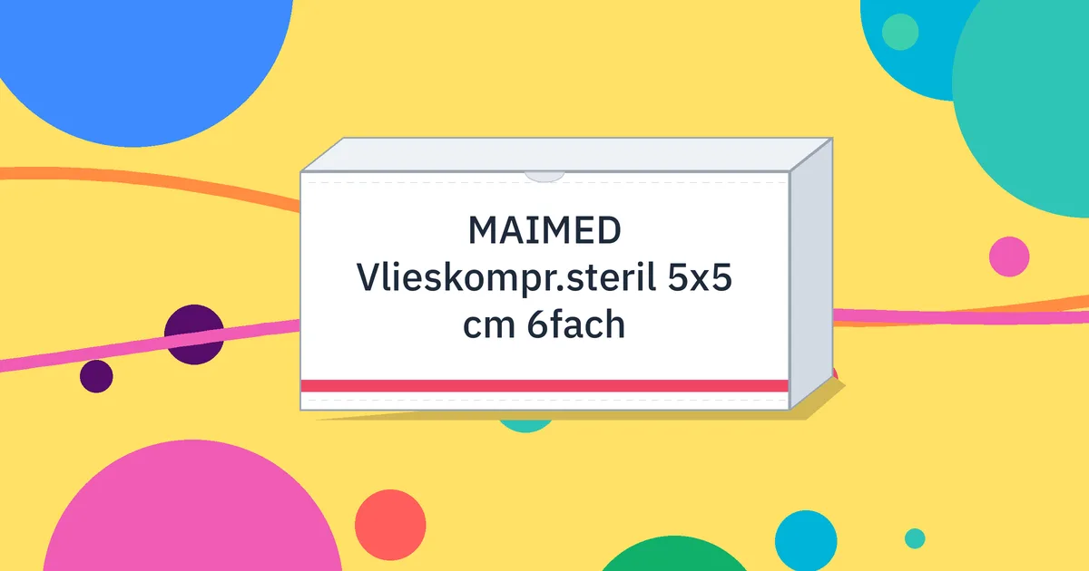 Symbolbild: Packung mit der Aufschrift MAIMED Vlieskompr.steril 5x5 cm 6fach (PZN 02306513) – Verfügbarkeit und Bezug in Apotheken in Frankfurt am Main