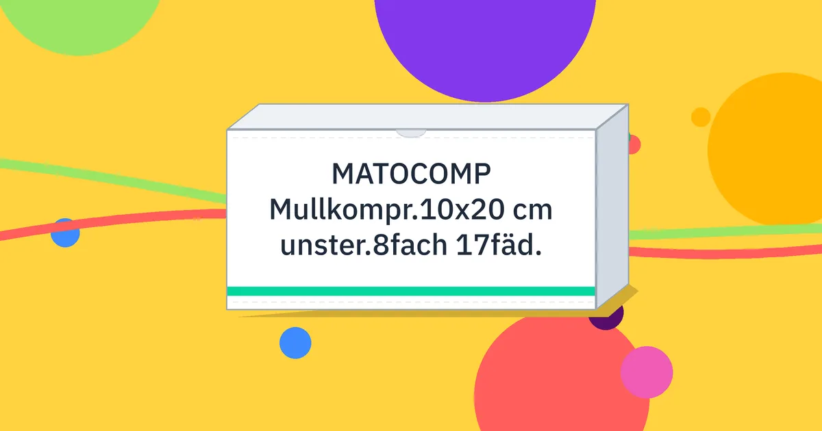 Symbolbild: Packung mit der Aufschrift MATOCOMP Mullkompr.10x20 cm unster.8fach 17fäd. (PZN 16327312) – Verfügbarkeit und Bezug in Apotheken in Frankfurt am Main