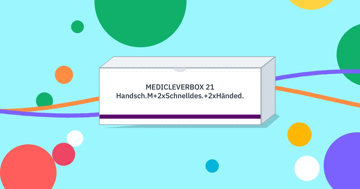 Symbolbild: Packung mit der Aufschrift MEDICLEVERBOX 21 Handsch.M+2xSchnelldes.+2xHänded. (PZN 19112552) – Verfügbarkeit und Bezug in Apotheken in Frankfurt am Main