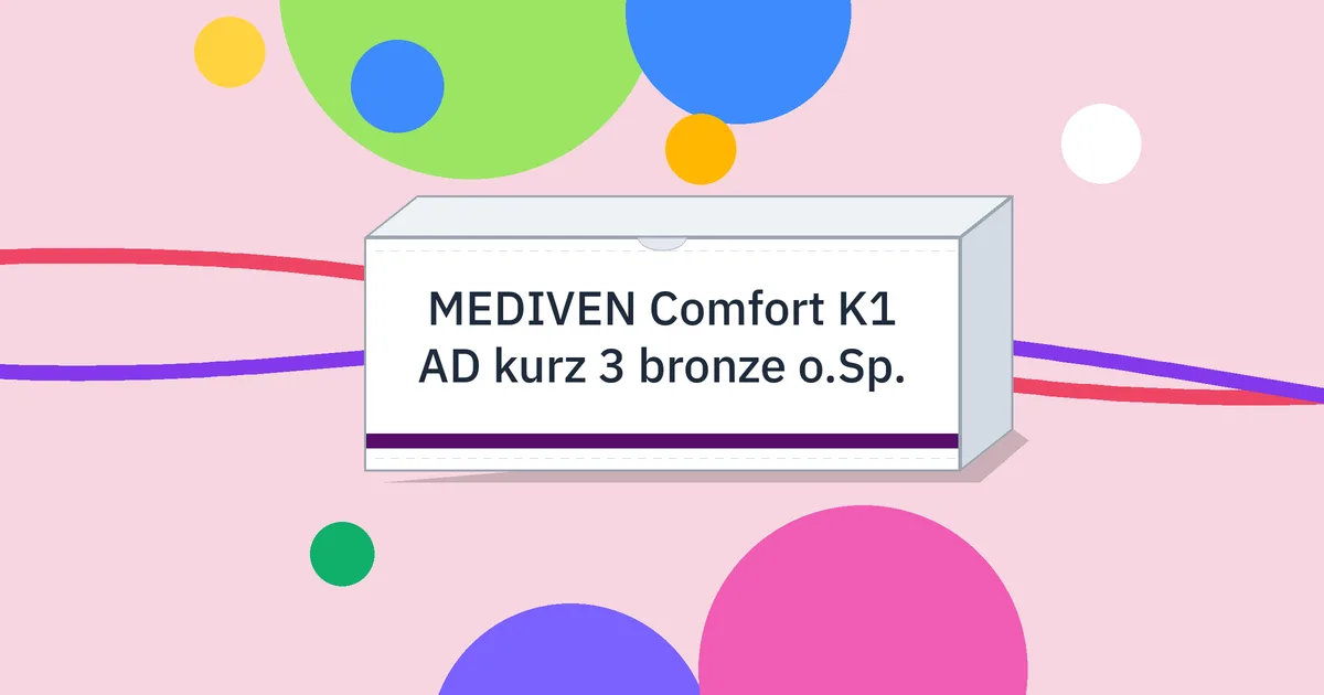 Symbolbild: Packung mit der Aufschrift MEDIVEN Comfort K1 AD kurz 3 bronze o.Sp. (PZN 14562925) – Verfügbarkeit und Bezug in Apotheken in Frankfurt am Main