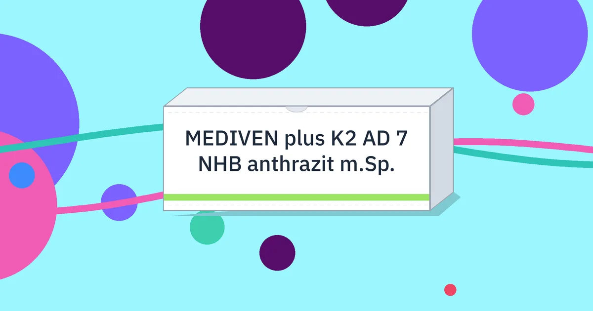 Symbolbild: Packung mit der Aufschrift MEDIVEN plus K2 AD 7 NHB anthrazit m.Sp. (PZN 15936173) – Verfügbarkeit und Bezug in Apotheken in Frankfurt am Main