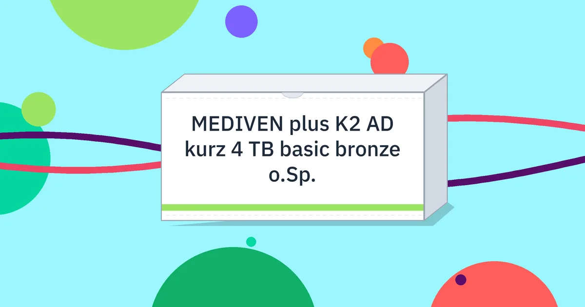 Symbolbild: Packung mit der Aufschrift MEDIVEN plus K2 AD kurz 4 TB basic bronze o.Sp. (PZN 15098772) – Verfügbarkeit und Bezug in Apotheken in Frankfurt am Main