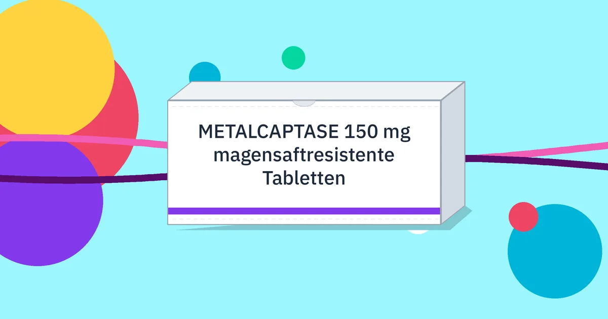 Symbolbild: Packung mit der Aufschrift METALCAPTASE 150 mg magensaftresistente Tabletten (PZN 07289564) – Verfügbarkeit und Bezug in Apotheken in Frankfurt am Main