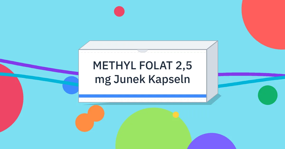 Symbolbild: Packung mit der Aufschrift METHYL FOLAT 2,5 mg Junek Kapseln (PZN 20051784) – Verfügbarkeit und Bezug in Apotheken in Frankfurt am Main