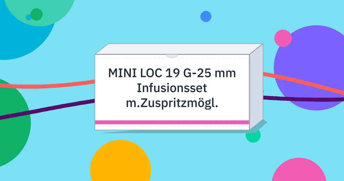 Symbolbild: Packung mit der Aufschrift MINI LOC 19 G-25 mm Infusionsset m.Zuspritzmögl. (PZN 18039250) – Verfügbarkeit und Bezug in Apotheken in Frankfurt am Main