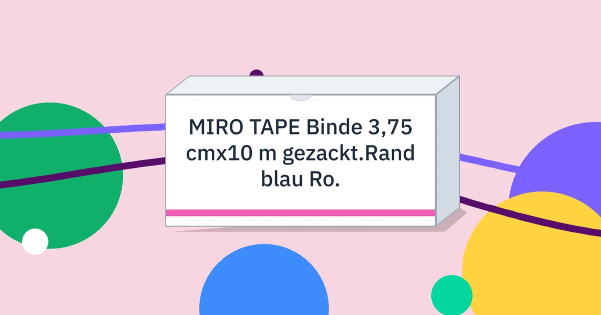 Symbolbild: Packung mit der Aufschrift MIRO TAPE Binde 3,75 cmx10 m gezackt.Rand blau Ro. (PZN 00581528) – Verfügbarkeit und Bezug in Apotheken in Frankfurt am Main