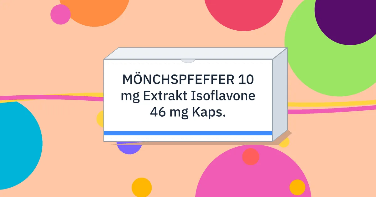 Symbolbild: Packung mit der Aufschrift MÖNCHSPFEFFER 10 mg Extrakt Isoflavone 46 mg Kaps. (PZN 16240321) – Verfügbarkeit und Bezug in Apotheken in Frankfurt am Main