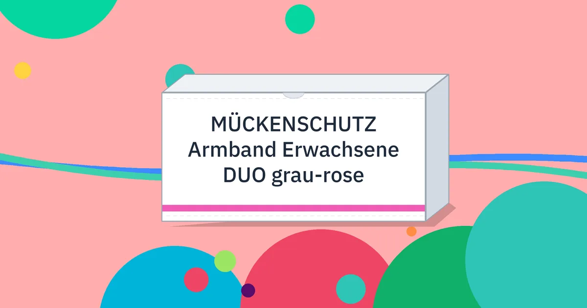 Symbolbild: Packung mit der Aufschrift MÜCKENSCHUTZ Armband Erwachsene DUO grau-rose (PZN 20285714) – Verfügbarkeit und Bezug in Apotheken in Frankfurt am Main