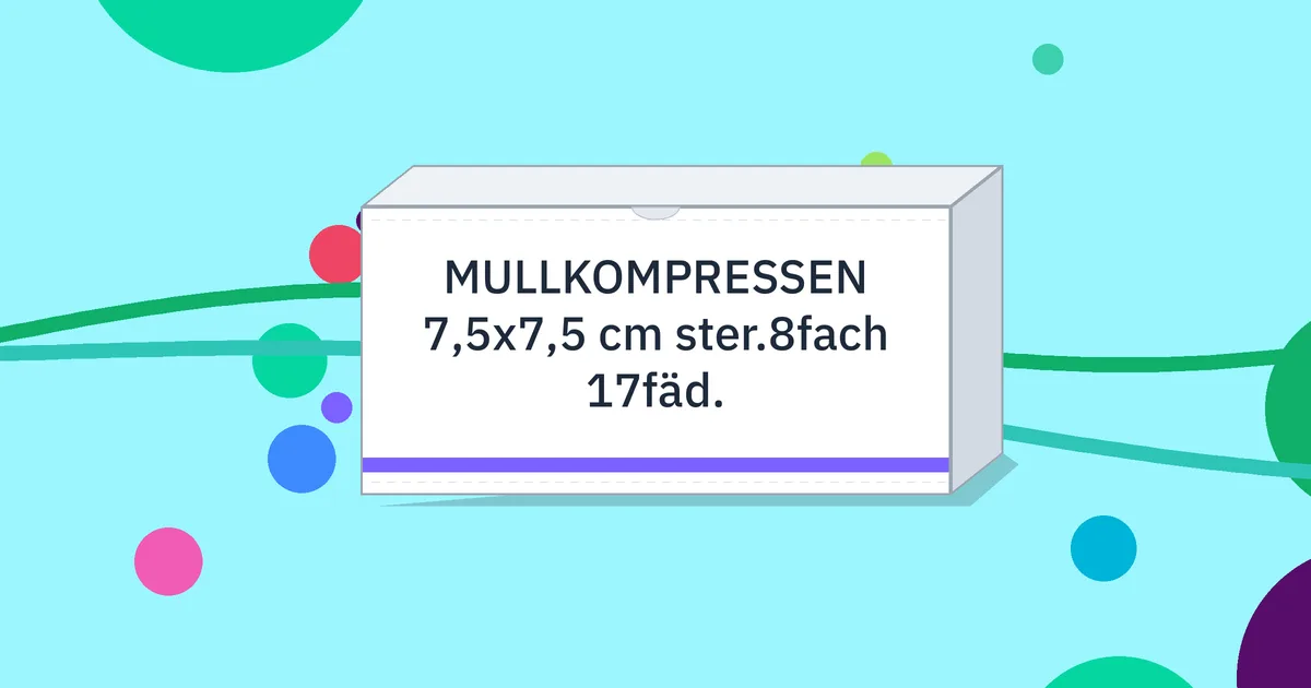 Symbolbild: Packung mit der Aufschrift MULLKOMPRESSEN 7,5x7,5 cm ster.8fach 17fäd. (PZN 06929228) – Verfügbarkeit und Bezug in Apotheken in Frankfurt am Main
