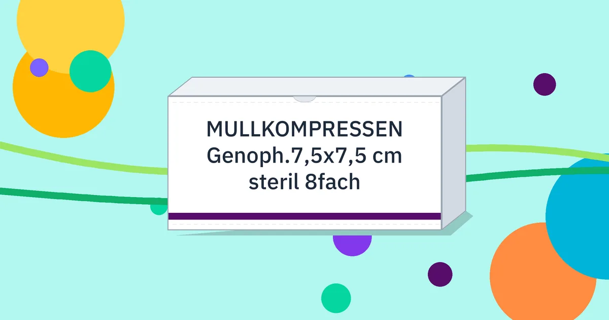 Symbolbild: Packung mit der Aufschrift MULLKOMPRESSEN Genoph.7,5x7,5 cm steril 8fach (PZN 02548570) – Verfügbarkeit und Bezug in Apotheken in Frankfurt am Main