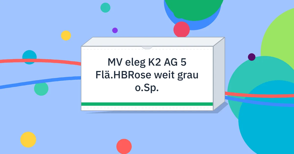 Symbolbild: Packung mit der Aufschrift MV eleg K2 AG 5 Flä.HBRose weit grau o.Sp. (PZN 18929498) – Verfügbarkeit und Bezug in Apotheken in Frankfurt am Main
