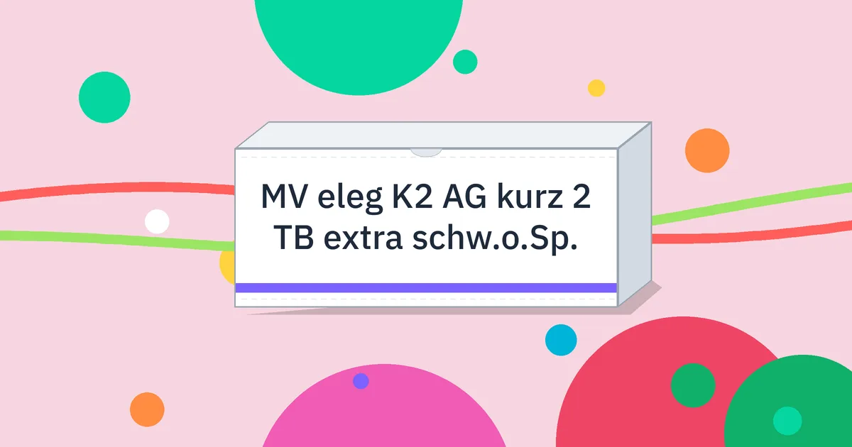Symbolbild: Packung mit der Aufschrift MV eleg K2 AG kurz 2 TB extra schw.o.Sp. (PZN 09879519) – Verfügbarkeit und Bezug in Apotheken in Frankfurt am Main