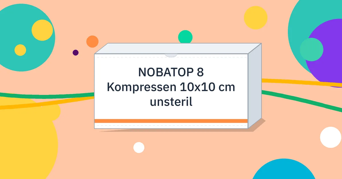 Symbolbild: Packung mit der Aufschrift NOBATOP 8 Kompressen 10x10 cm unsteril (PZN 07099214) – Verfügbarkeit und Bezug in Apotheken in Frankfurt am Main