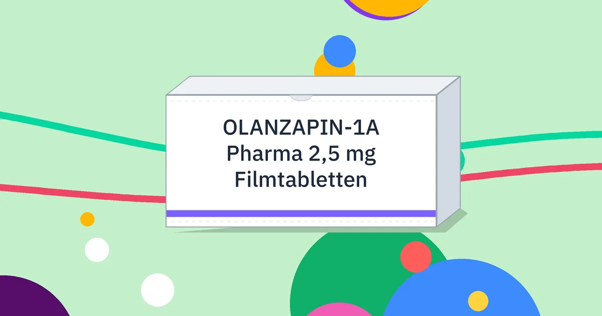 Symbolbild: Packung mit der Aufschrift OLANZAPIN-1A Pharma 2,5 mg Filmtabletten (PZN 09064007) – Verfügbarkeit und Bezug in Apotheken in Frankfurt am Main