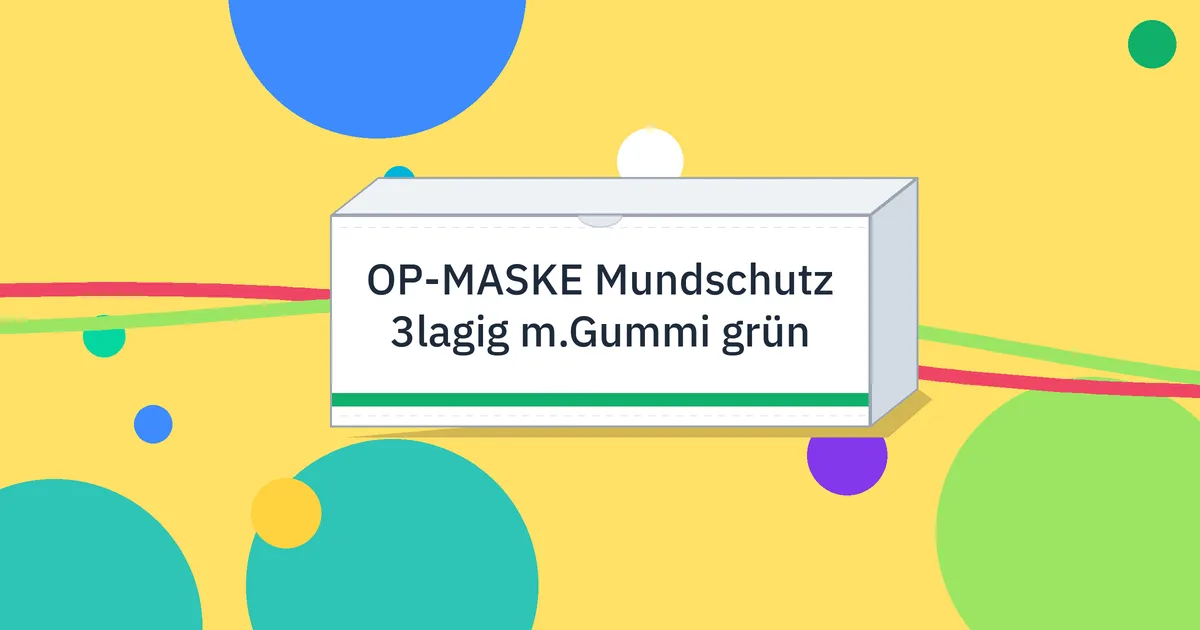 Symbolbild: Packung mit der Aufschrift OP-MASKE Mundschutz 3lagig m.Gummi grün (PZN 17307470) – Verfügbarkeit und Bezug in Apotheken in Frankfurt am Main