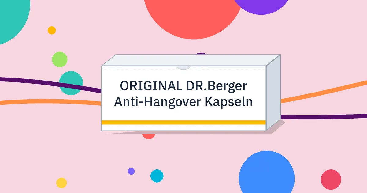 Symbolbild: Packung mit der Aufschrift ORIGINAL DR.Berger Anti-Hangover Kapseln (PZN 16369612) – Verfügbarkeit und Bezug in Apotheken in Frankfurt am Main