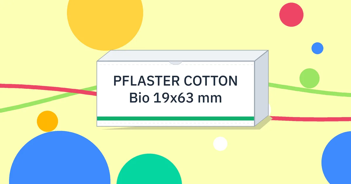 Symbolbild: Packung mit der Aufschrift PFLASTER COTTON Bio 19x63 mm (PZN 18663178) – Verfügbarkeit und Bezug in Apotheken in Frankfurt am Main