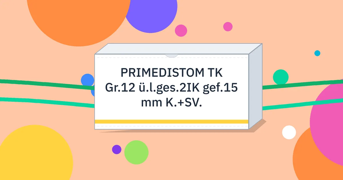 Symbolbild: Packung mit der Aufschrift PRIMEDISTOM TK Gr.12 ü.l.ges.2IK gef.15 mm K.+SV. (PZN 10928743) – Verfügbarkeit und Bezug in Apotheken in Frankfurt am Main