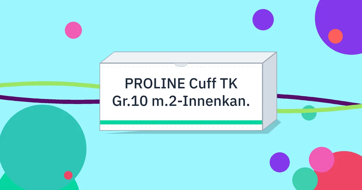 Symbolbild: Packung mit der Aufschrift PROLINE Cuff TK Gr.10 m.2-Innenkan. (PZN 16148101) – Verfügbarkeit und Bezug in Apotheken in Frankfurt am Main