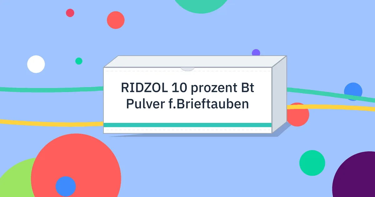 Symbolbild: Packung mit der Aufschrift RIDZOL 10 prozent Bt Pulver f.Brieftauben (PZN 03434271) – Verfügbarkeit und Bezug in Apotheken in Frankfurt am Main