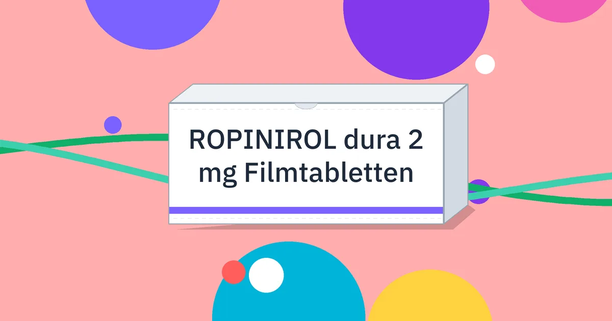 Symbolbild: Packung mit der Aufschrift ROPINIROL dura 2 mg Filmtabletten (PZN 12635488) – Verfügbarkeit und Bezug in Apotheken in Frankfurt am Main